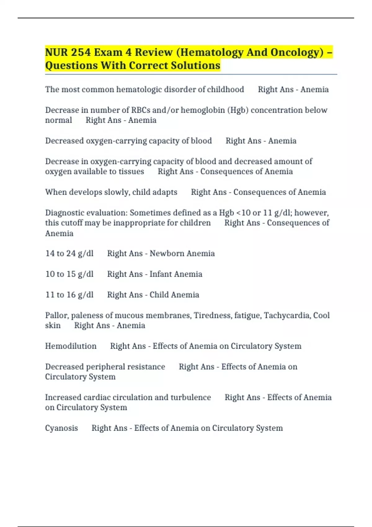 NUR 254 Exam 4 Review (Hematology And Oncology) – Questions With ...