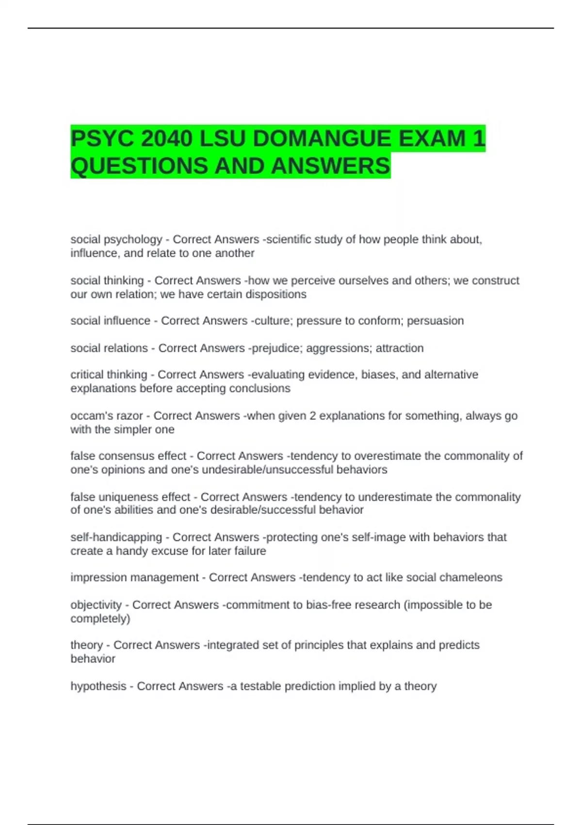 PSYC 2040 LSU DOMANGUE EXAM 1 QUESTIONS AND ANSWERS 2025 - LSU PSYC ...