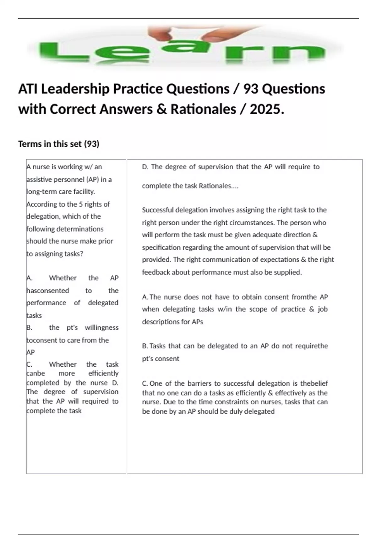 ATI Leadership Practice Questions / 93 Questions with Correct Answers ...