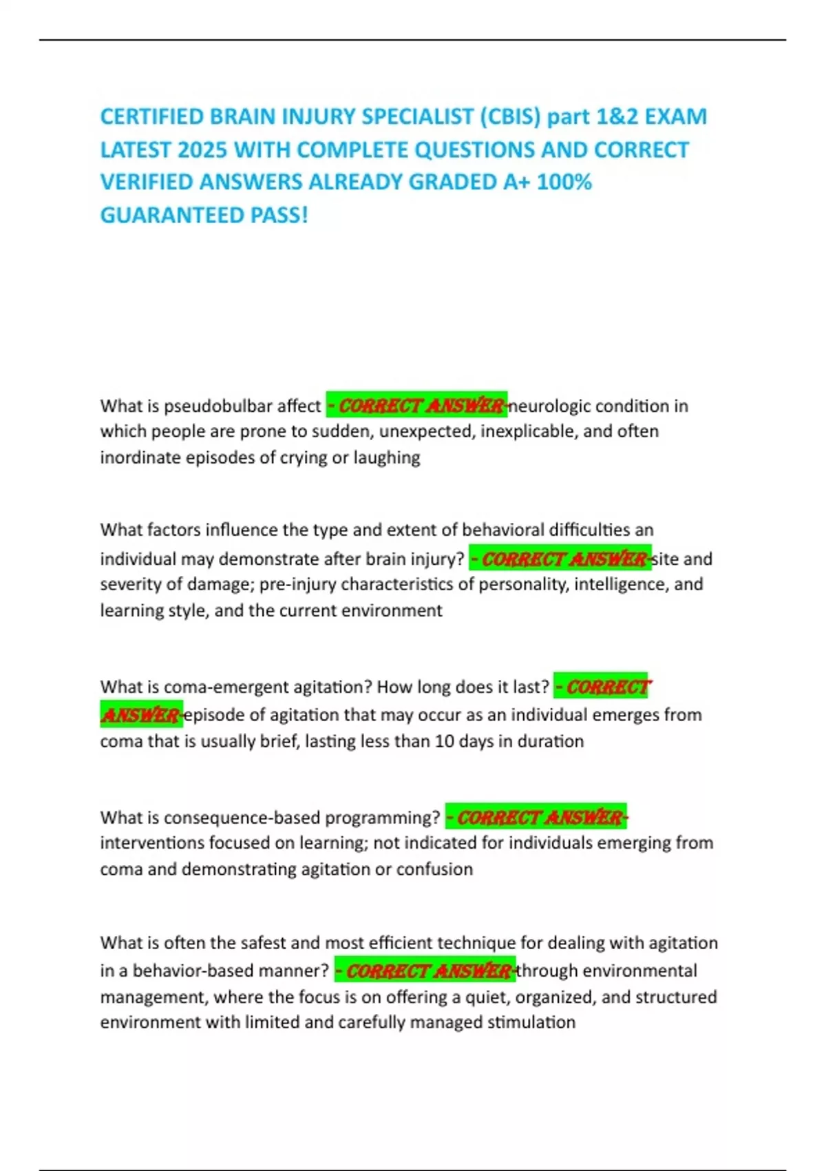 CERTIFIED BRAIN INJURY SPECIALIST (CBIS) part 1&2 EXAM LATEST 2025 WITH ...