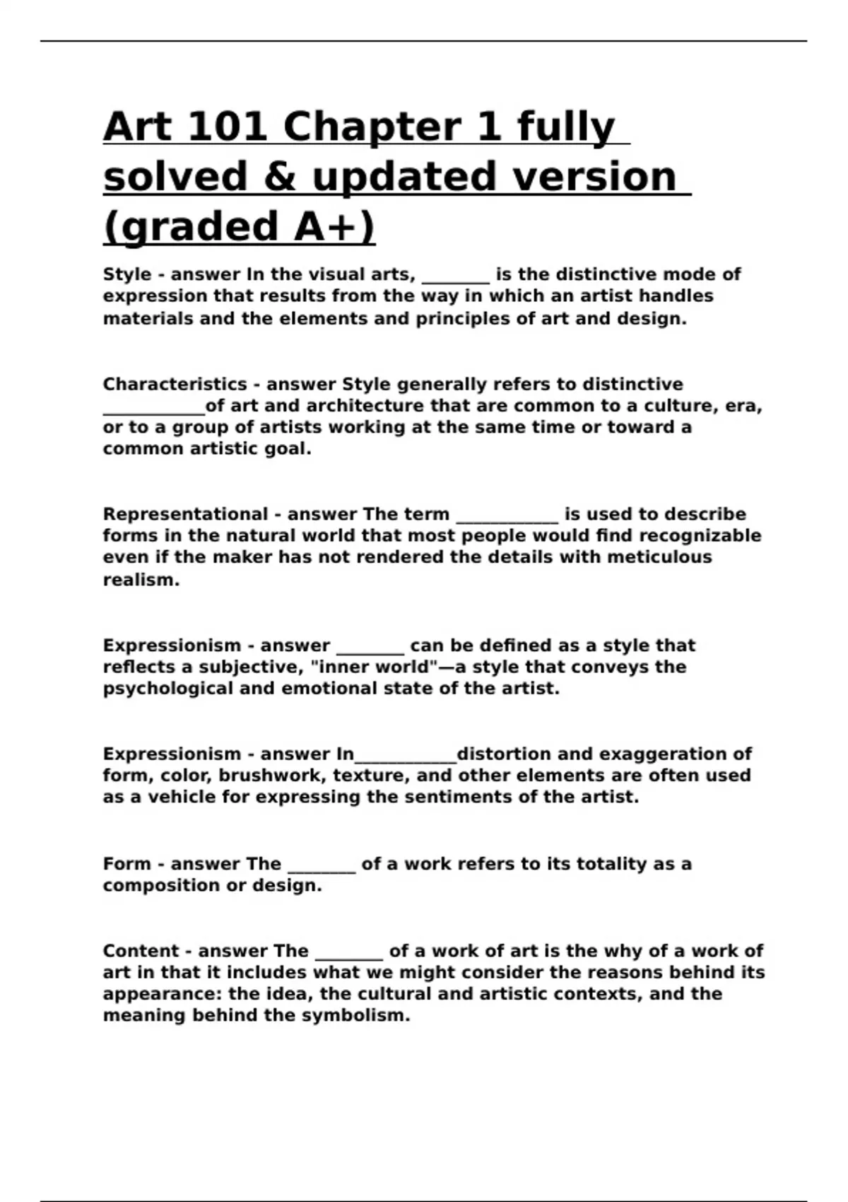 Art 101 Chapter 1 fully solved & updated version (graded A+) - ART 101- - Stuvia US