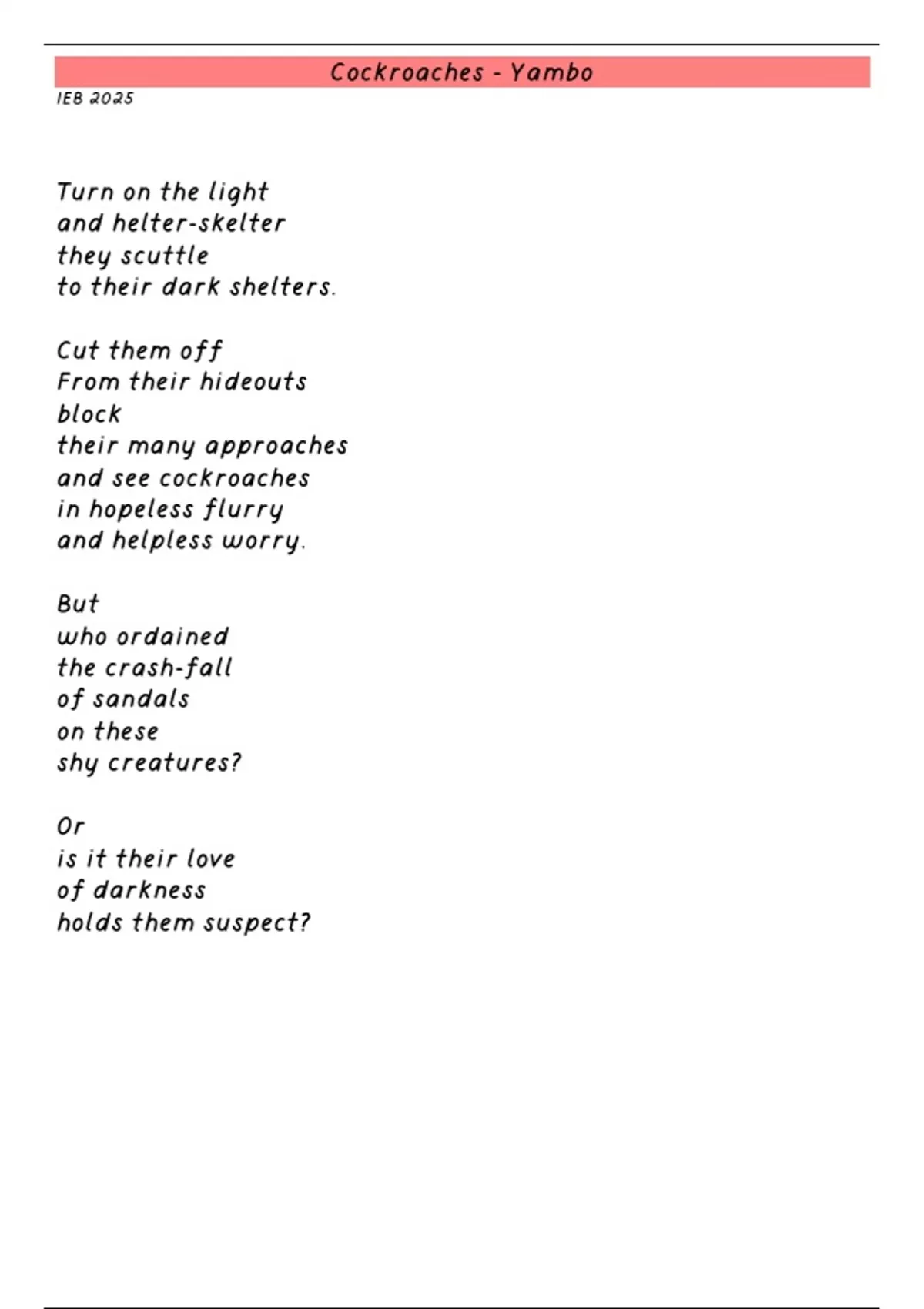 Grade 12 IEB Poem Package 2025 - Stuvia SA