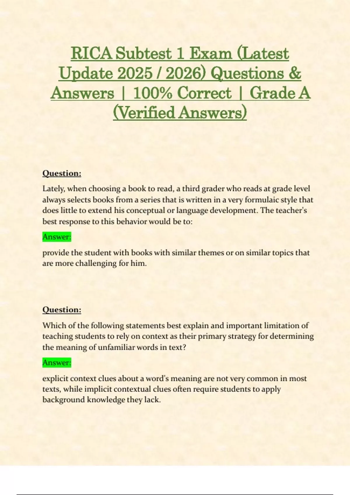 RICA Subtest 1 Exam (Latest Update 2025 / 2026) Questions & Answers ...