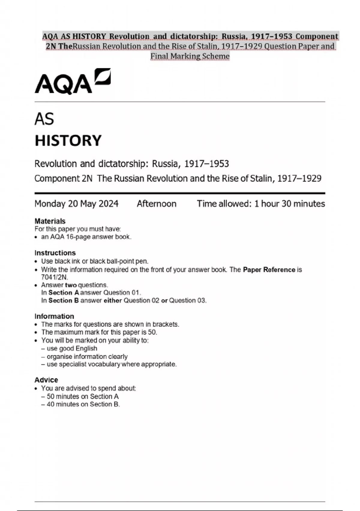 AQA AS HISTORY Revolution and dictatorship: Russia, 1917–1953 Component 2N TheRussian Revolution ...