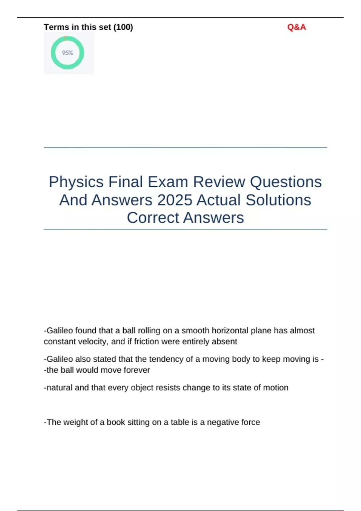 Physics Final Exam Review Questions And Answers 2025 Actual Solutions ...