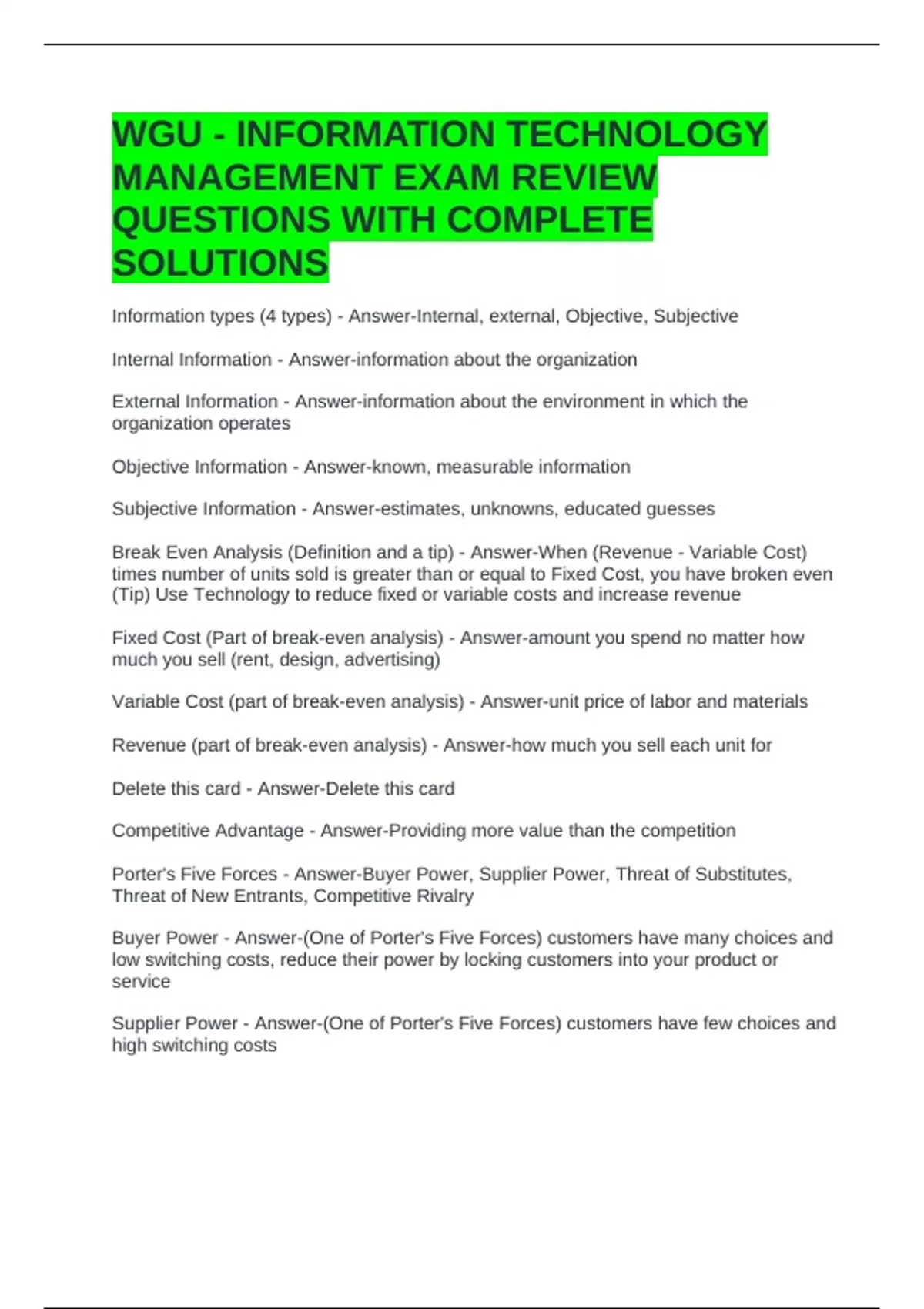 WGU - INFORMATION TECHNOLOGY MANAGEMENT EXAM REVIEW QUESTIONS WITH ...