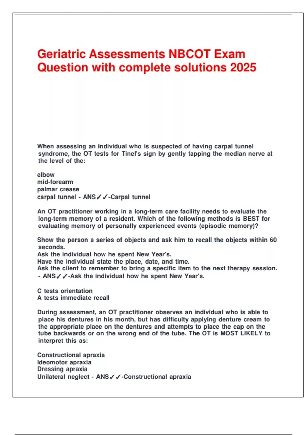 Geriatric Assessments NBCOT Exam Question with complete solutions 2025 ...