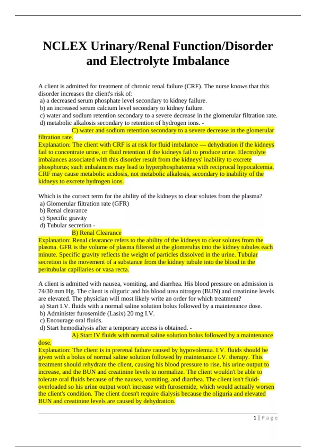 NCLEX Urinary Renal Function Disorder and Electrolyte Imbalance ...