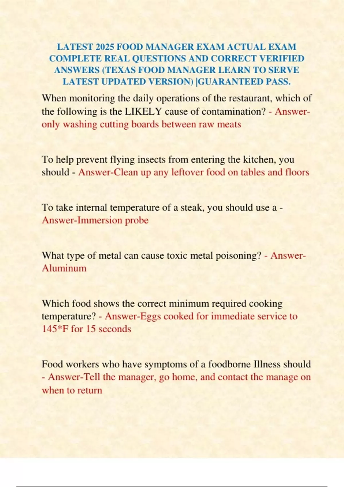 LATEST 2025 FOOD MANAGER EXAM ACTUAL EXAM COMPLETE REAL QUESTIONS AND ...