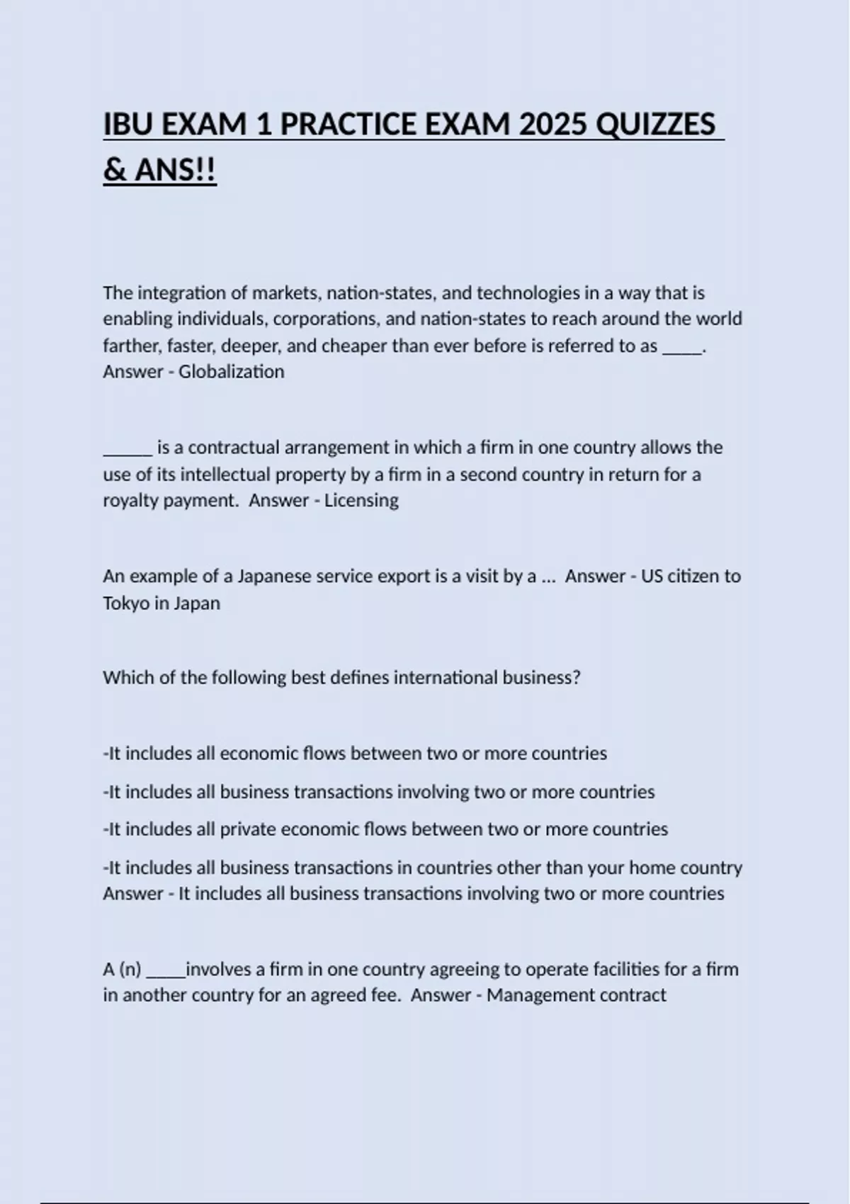 IBU EXAM 1 PRACTICE EXAM 2025 QUIZZES & ANS!! - IBU - Stuvia US