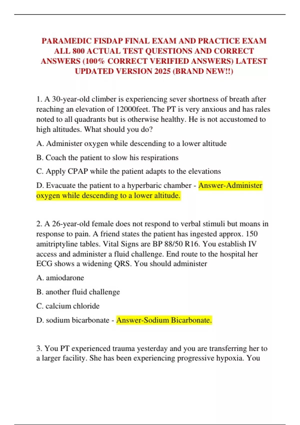 PARAMEDIC FISDAP FINAL EXAM AND PRACTICE EXAM ALL 800 ACTUAL TEST ...