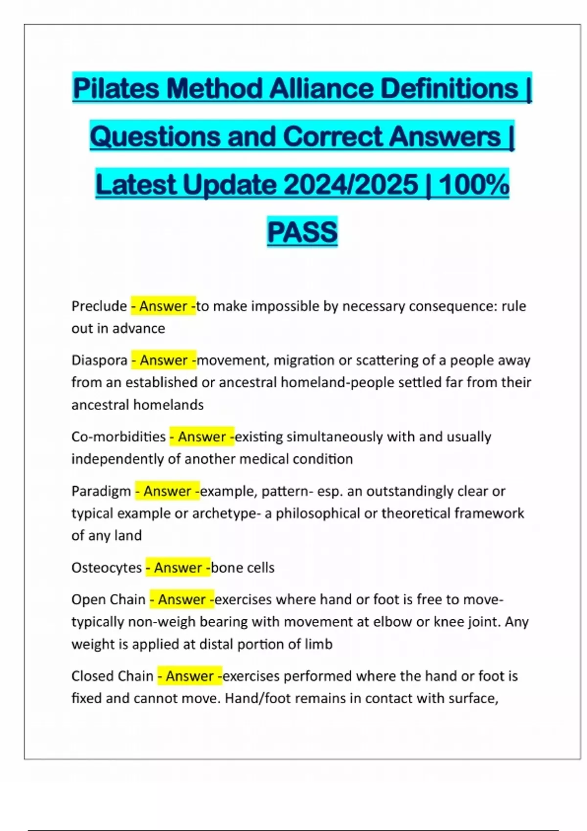 Pilates Method Alliance Definitions | Questions and Correct Answers ...