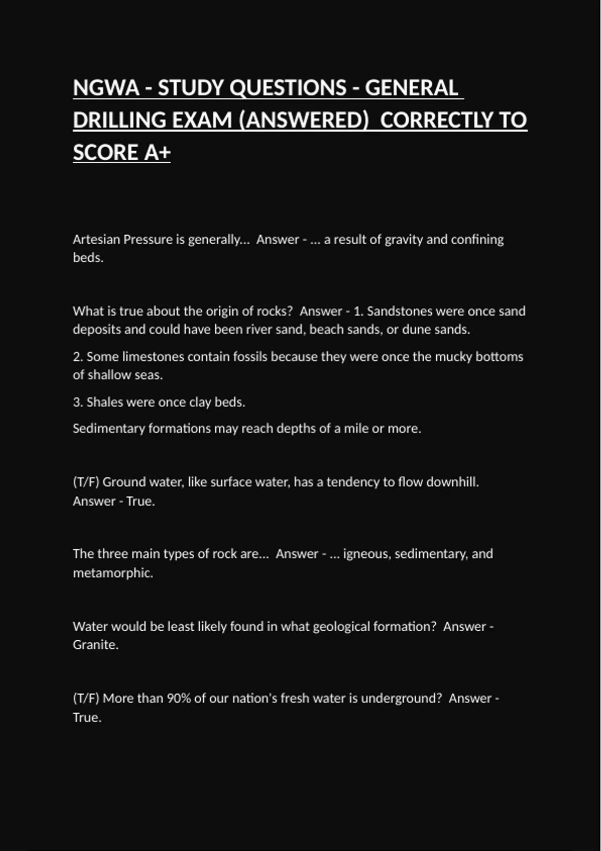 NGWA - STUDY QUESTIONS - GENERAL DRILLING EXAM (ANSWERED) CORRECTLY TO ...