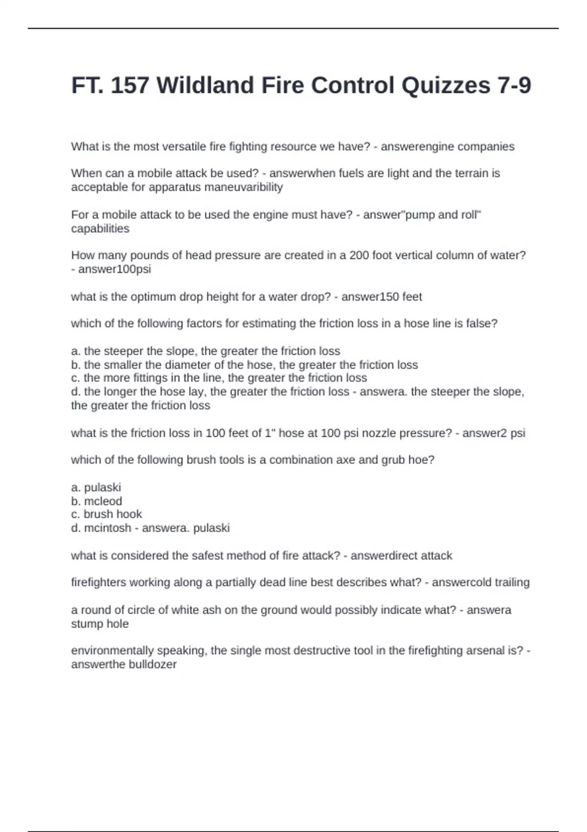 FT. 157 Wildland Fire Control Quizzes 7-9 Questions and Answers 2025 ...