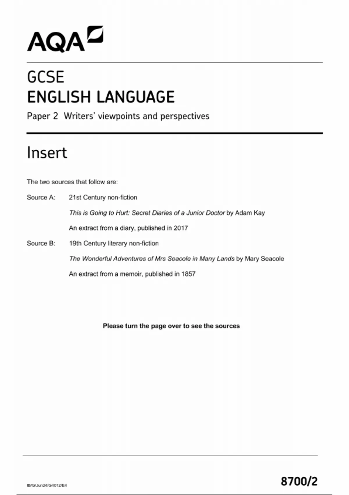 AQA gcse ENGLISH LANGUAGE PAPER 2 INSERT 2024 (8700/2) - AQA gcse ...