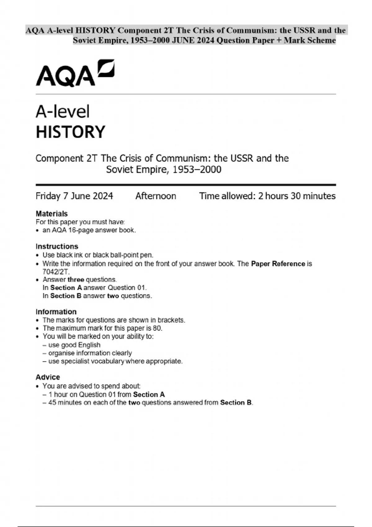 AQA A-level HISTORY Component 2T The Crisis of Communism: the USSR and ...