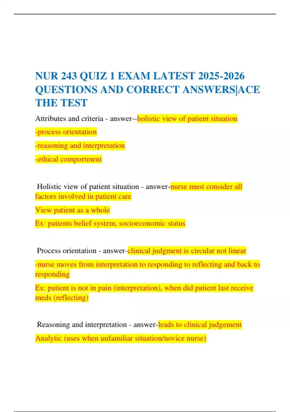 NUR 243 QUIZ 1 EXAM LATEST QUESTIONS AND CORRECT ANSWERS|ACE THE TEST ...
