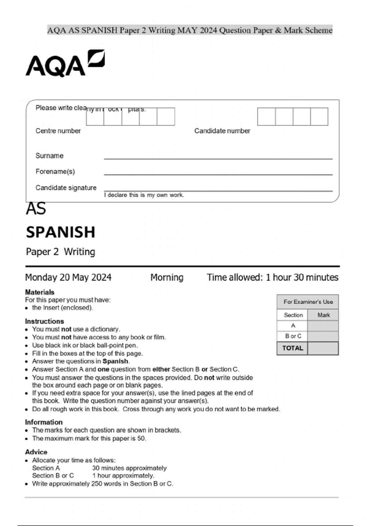 AQA AS SPANISH Paper 2 Writing MAY 2024 Question Paper & Mark Scheme ...