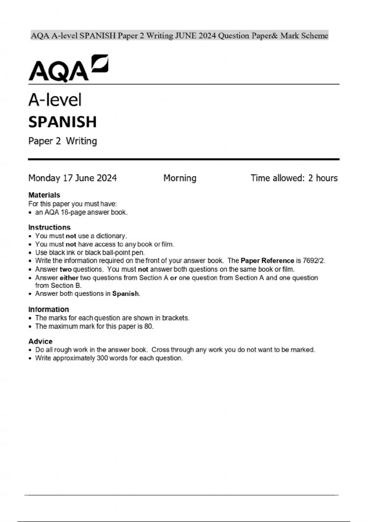 AQA A-level SPANISH Paper 2 Writing JUNE 2024 Question Paper& Mark ...
