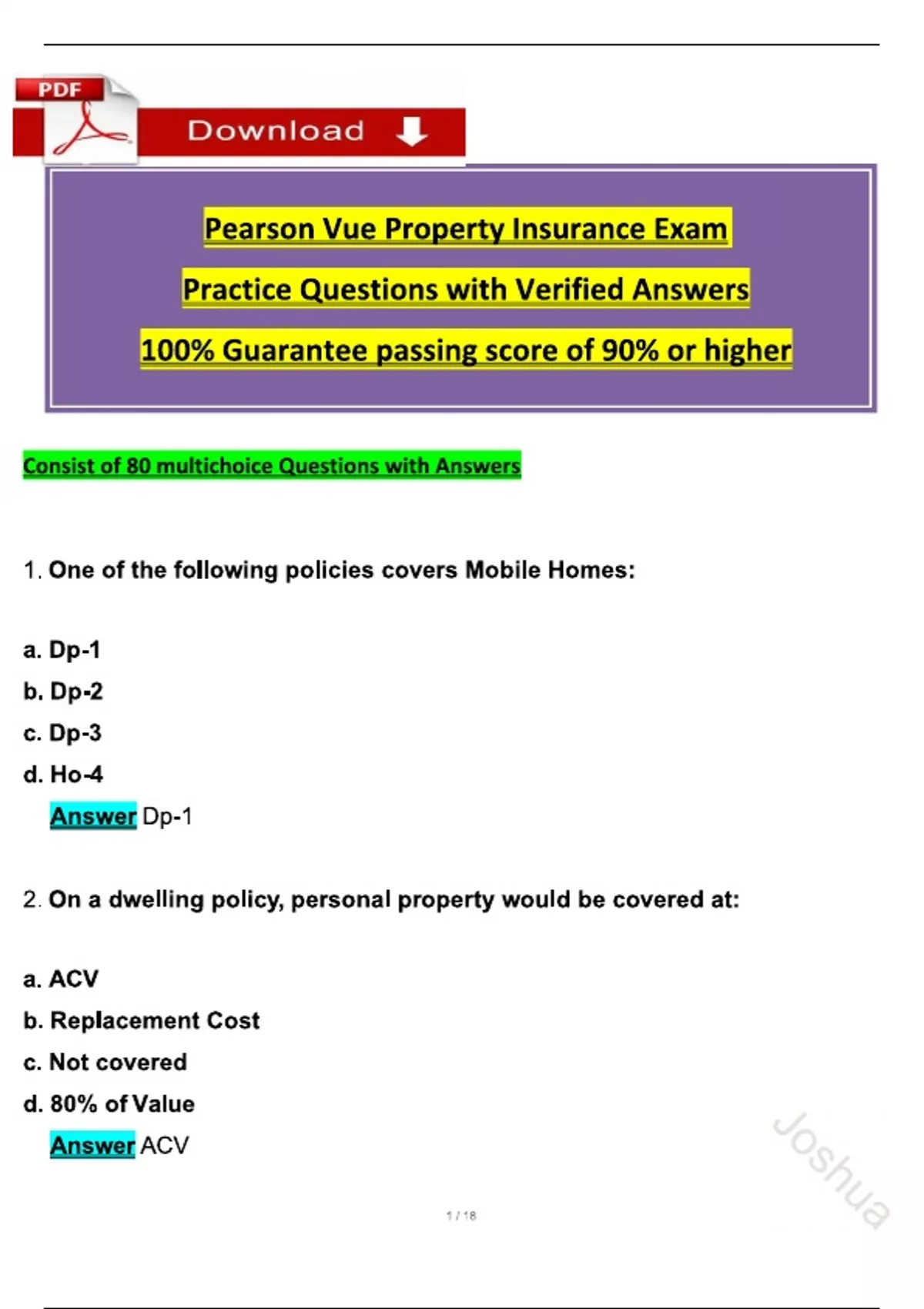 Study Bundle for Pearson Vue Property Insurance with 4 Practice Exams: 260 Practice Questions ...