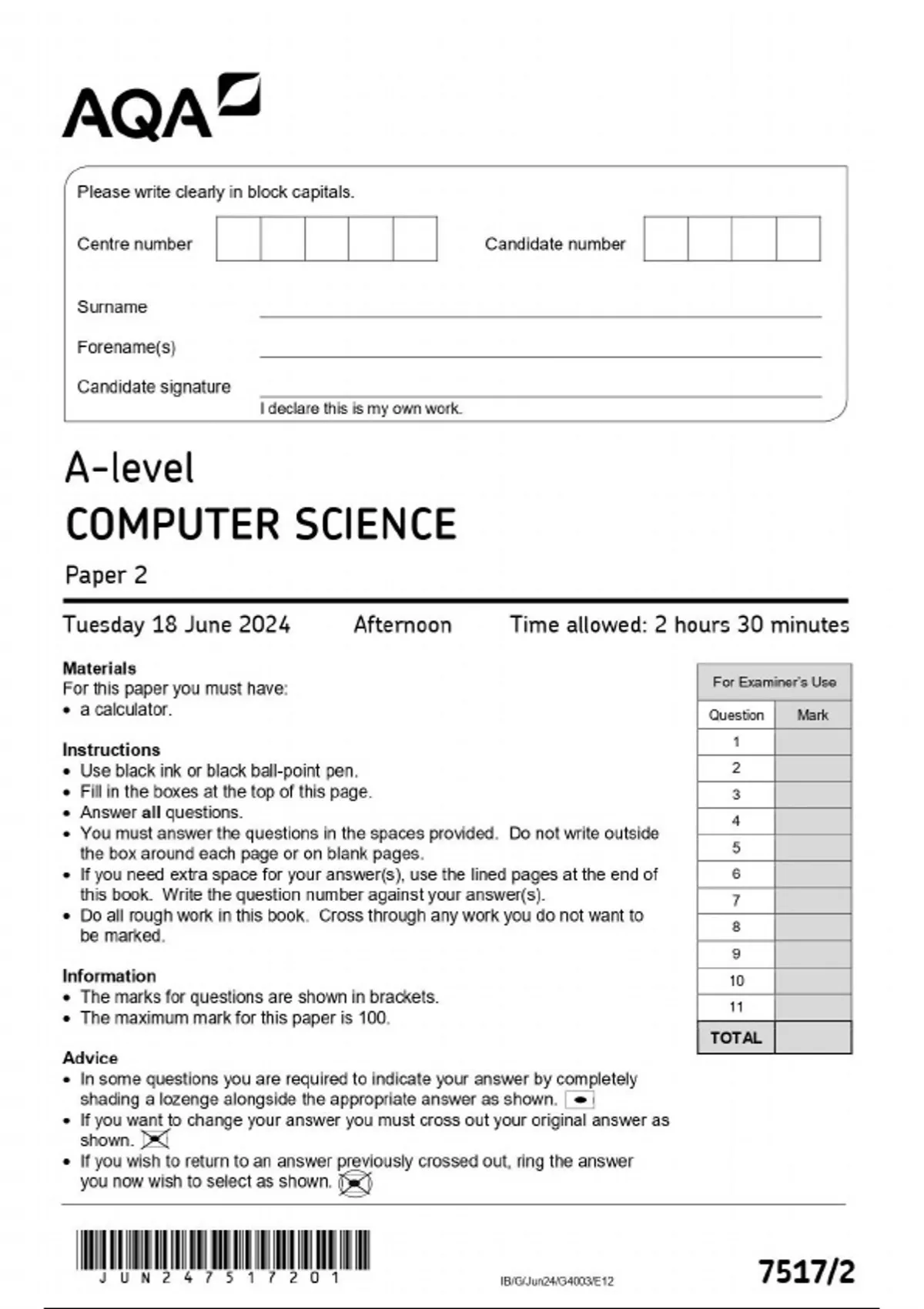 A-LEVEL AQA 2024 COMPUTER SCIENCE PAPER 2 - COMPUTER SCIENCE - Stuvia UK