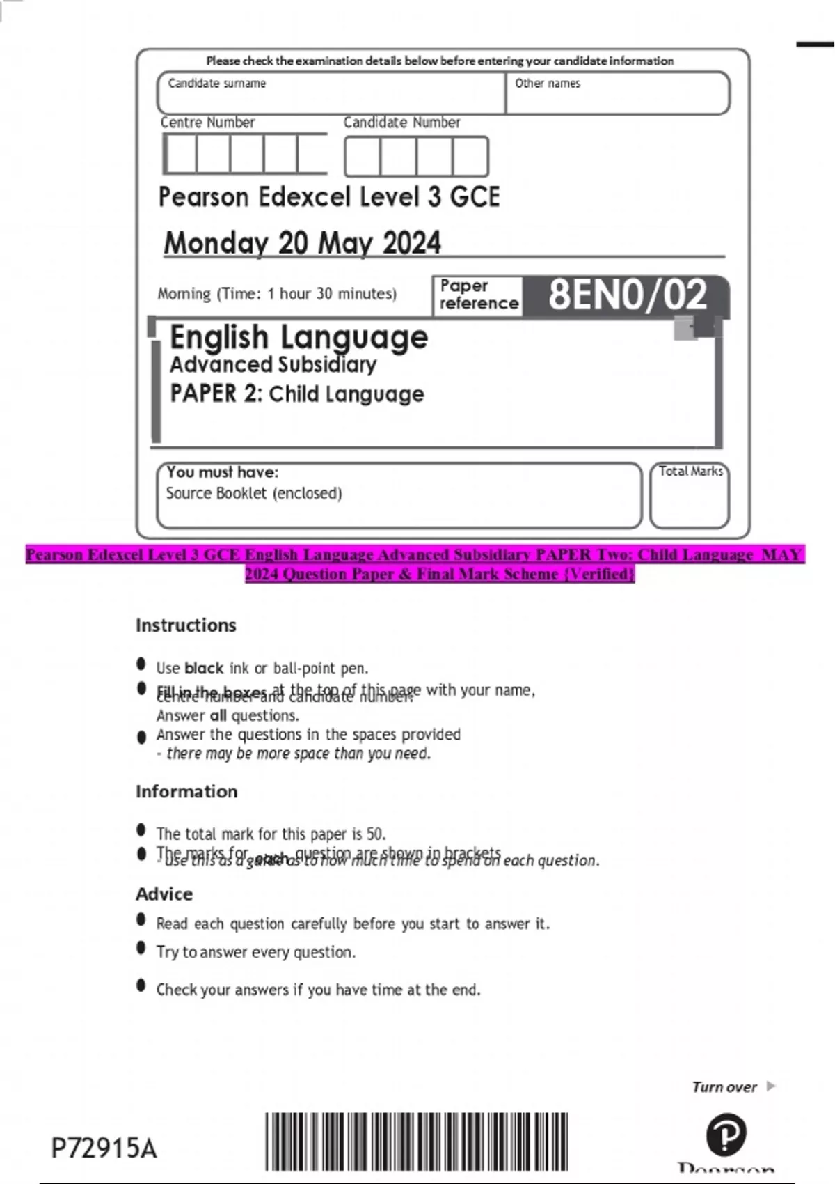 Pearson Edexcel Level 3 GCE English Language Advanced Subsidiary PAPER ...