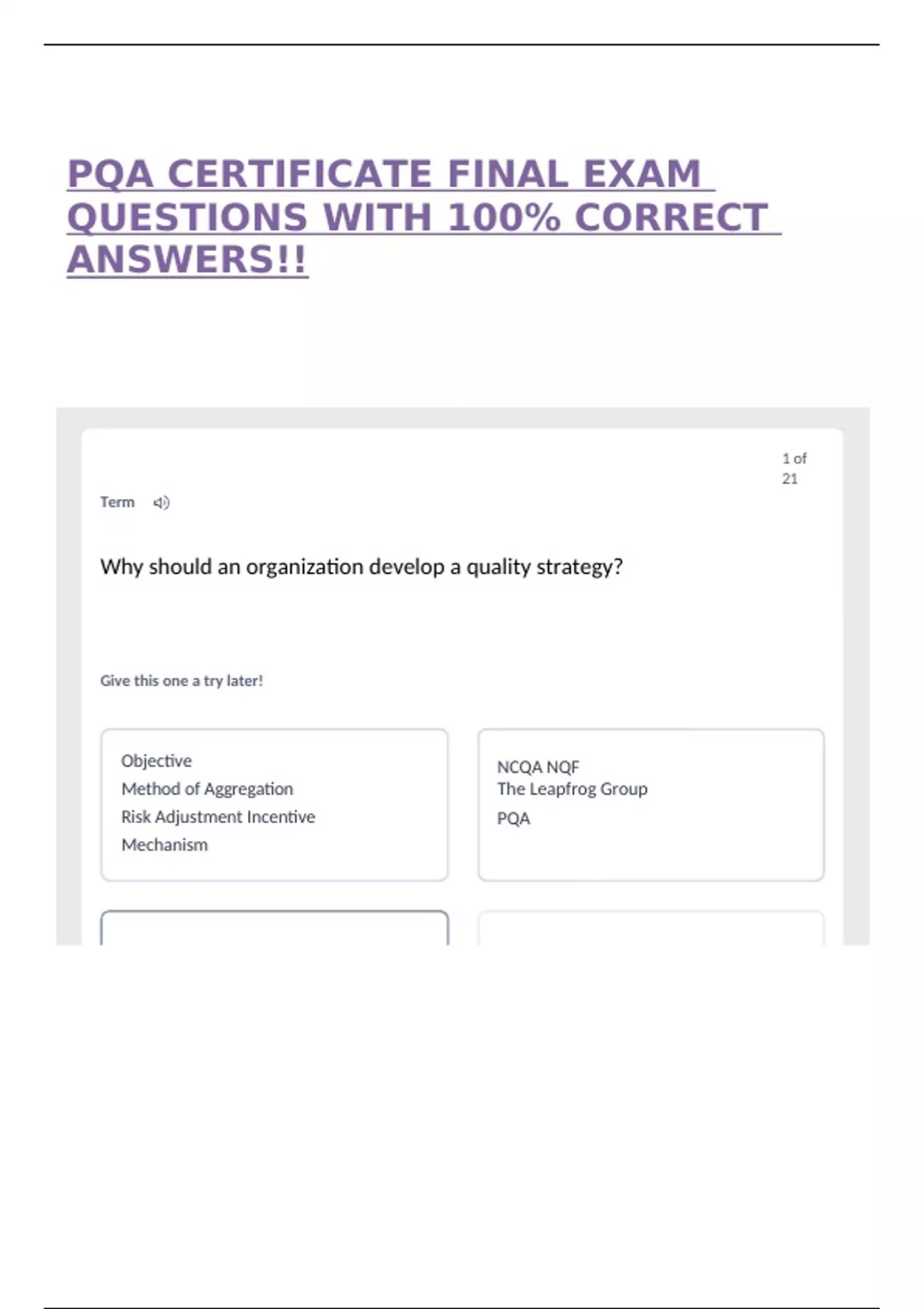 PQA CERTIFICATE FINAL EXAM QUESTIONS WITH 100% CORRECT ANSWERS!! - PQA ...