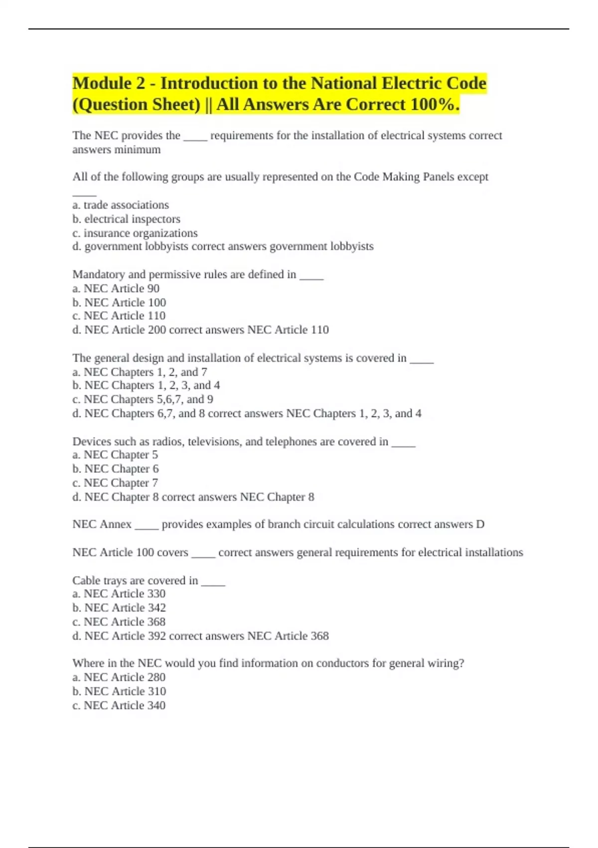 Module 2 - Introduction to the National Electric Code (Question Sheet ...