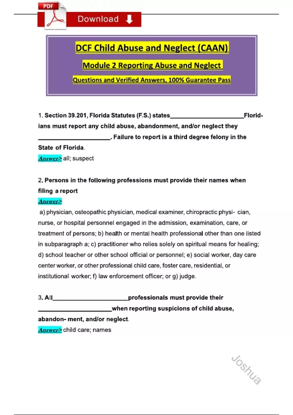 DCF Child Abuse and Neglect (CAAN) Exam and Module 1 & 2 + Exam TEST ...