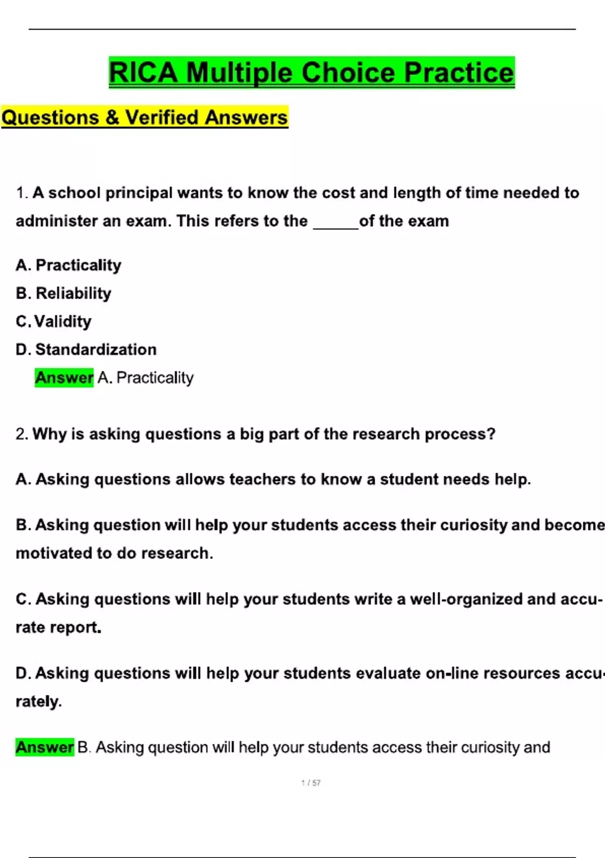 RICA Multiple Choice Practice (2025) Questions and Revised Correct ...