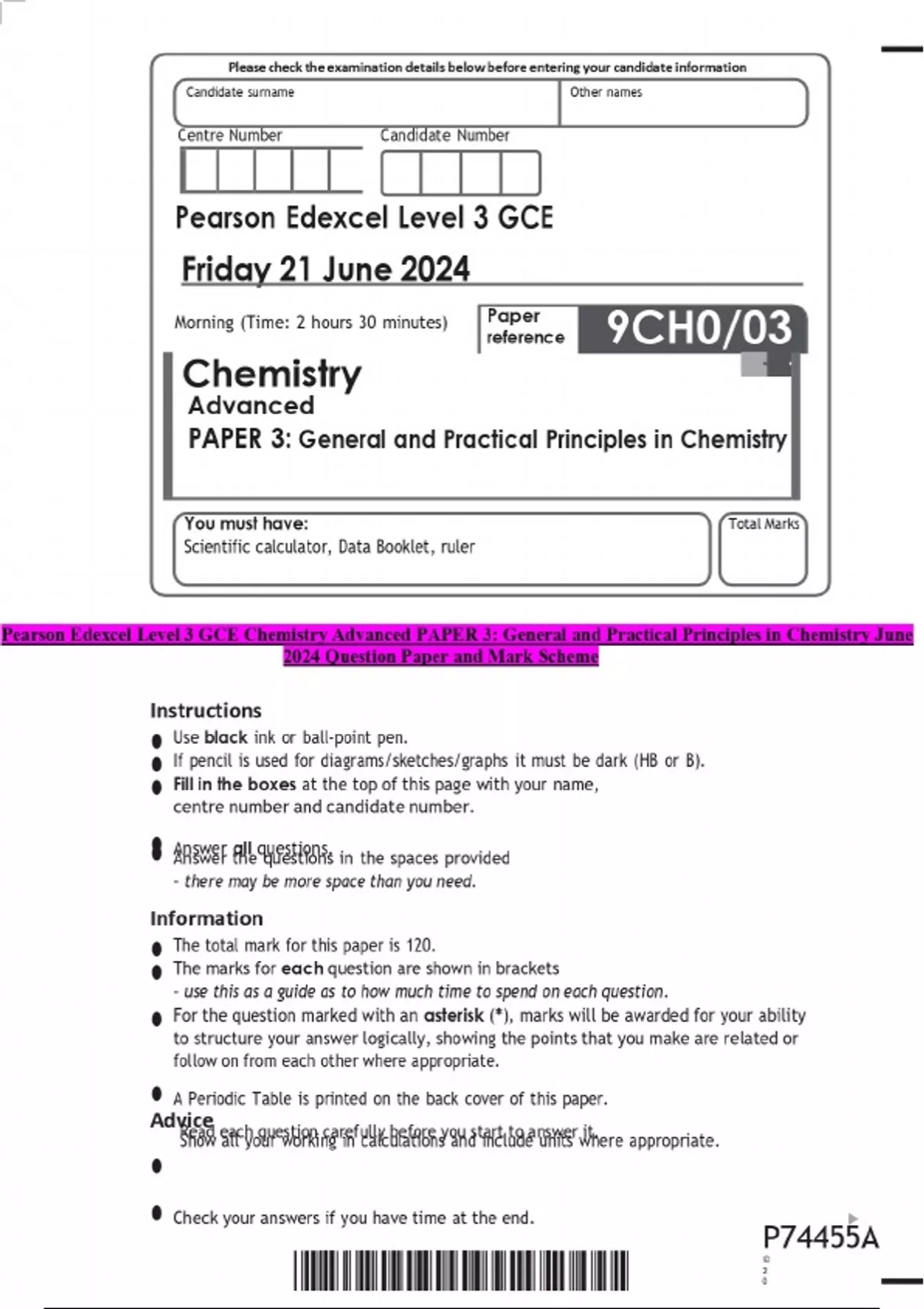 Pearson Edexcel Level 3 GCE Chemistry Advanced PAPER 3: General and ...