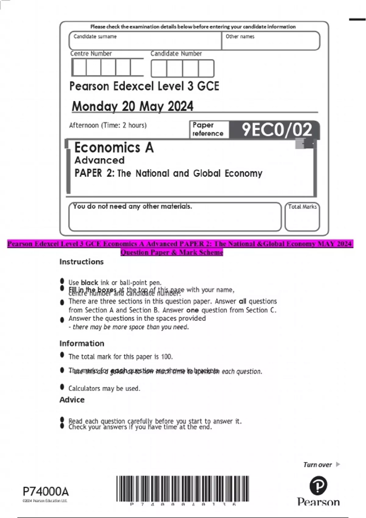 Pearson Edexcel Level 3 GCE Economics A Advanced PAPER 2: The National &Global Economy MAY 2024 ...