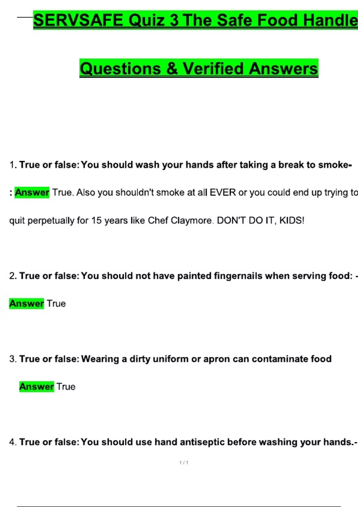 ServSafe Food Handler Quiz 3 2025 Questions and Answers (2025 / 2026 ...