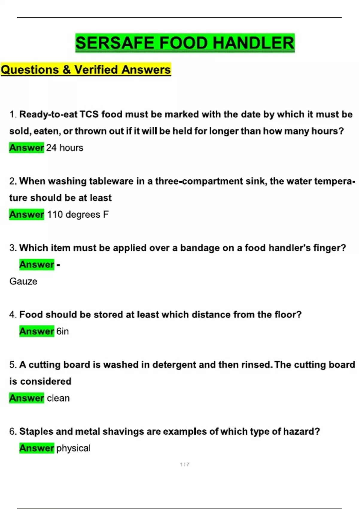 ServSafe Food Handler Exam 2025 Questions and Answers (2025 / 2026 ...
