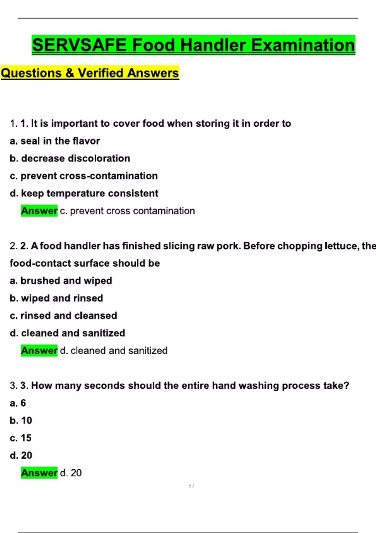 Servsafe Food Handler Examination 2025 Questions and Answers (2025 / ...