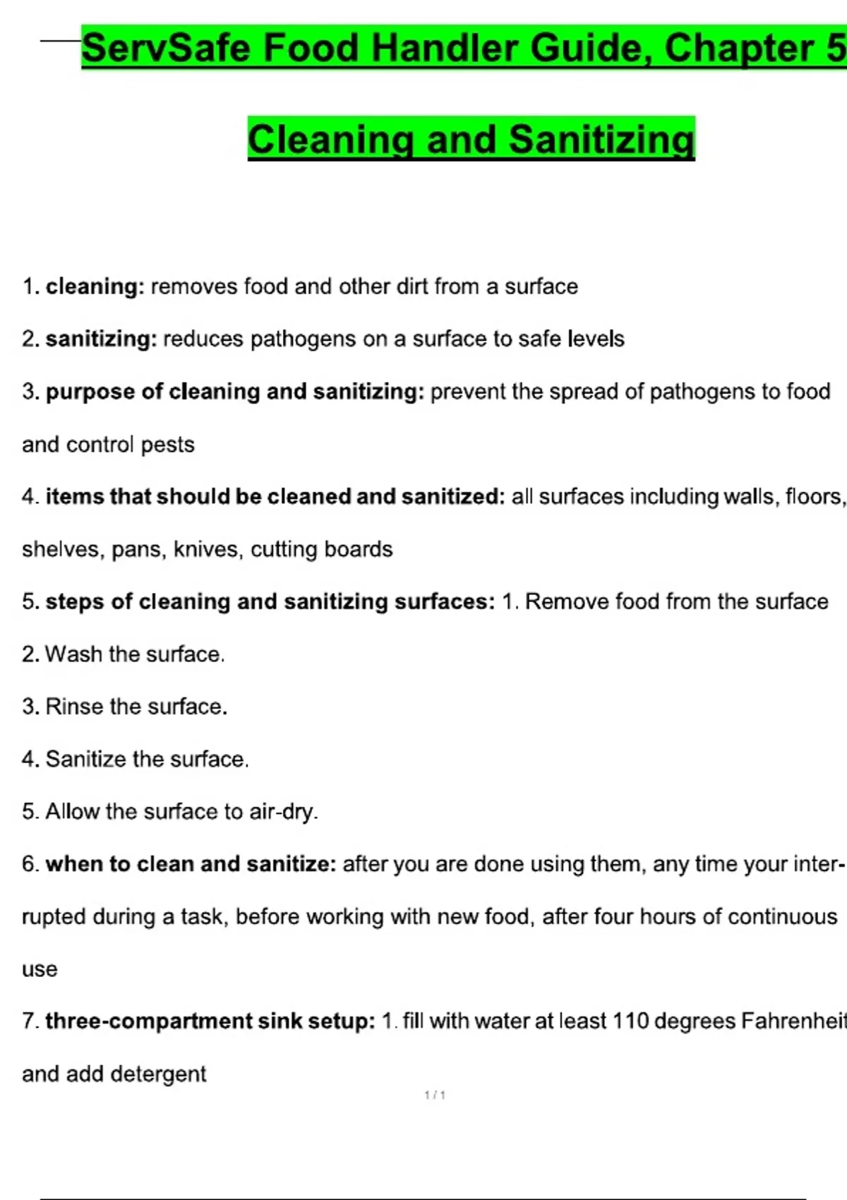 ServSafe Food Handler Guide, Chapter 5 Cleaning and Sanitizing 2025 Questions and Answers (2025 ...