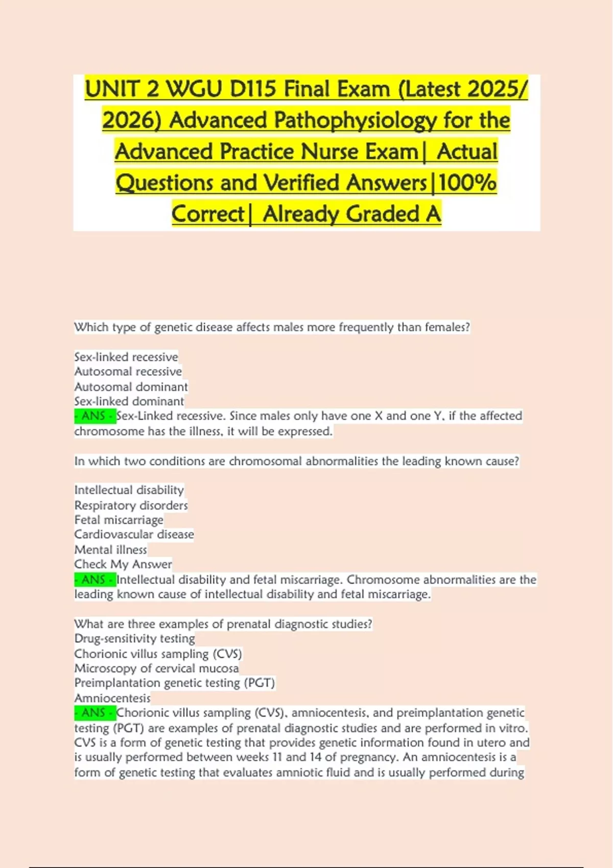 Unit 2 Wgu D115 Final Exam Latest 2025 2026 Advanced Pathophysiology