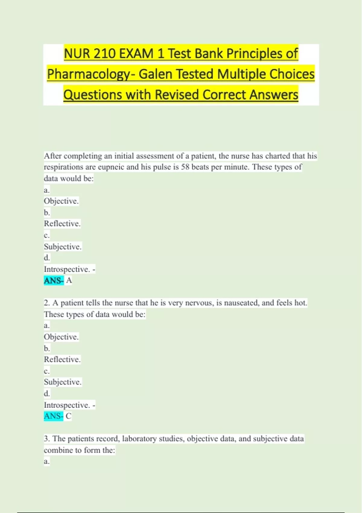 NUR 210 EXAM 1 Test Bank Principles of Pharmacology - Galen Tested ...