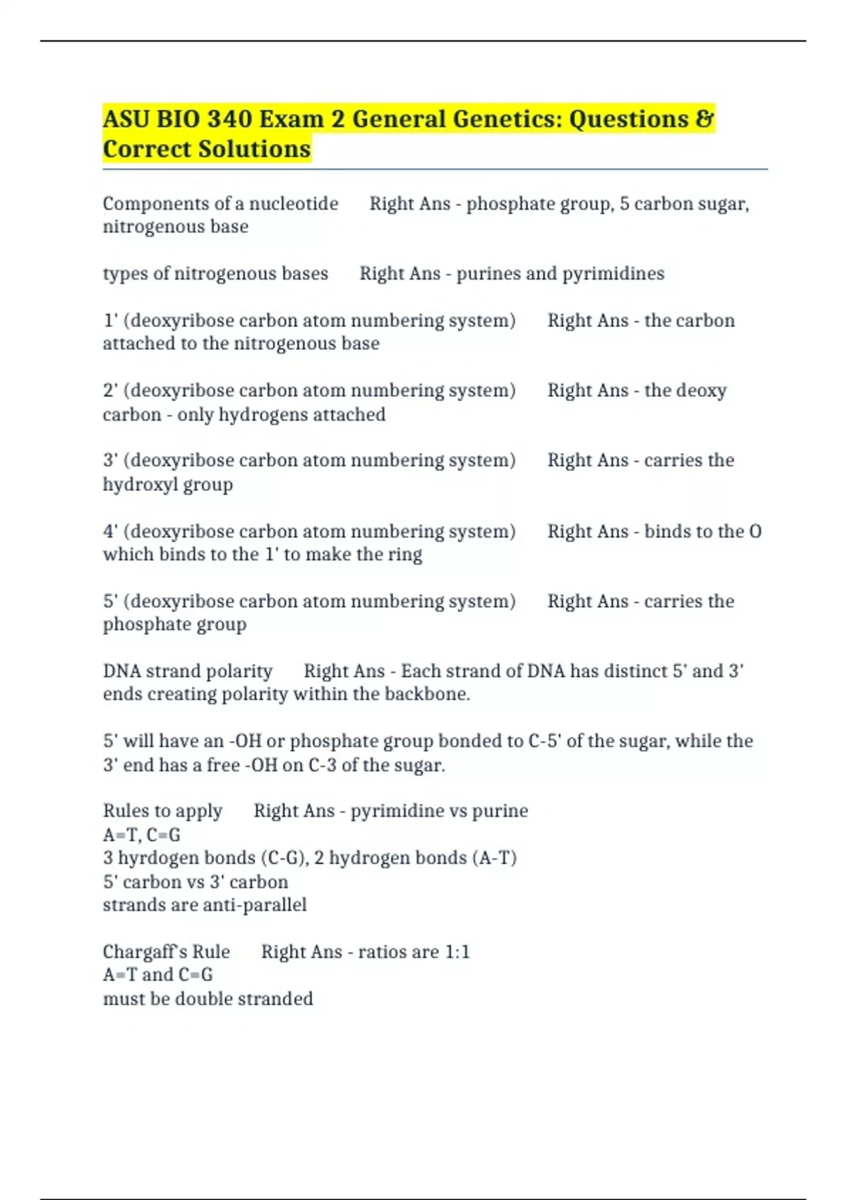 ASU BIO 340 Exam 2 General Genetics: Questions & Correct Solutions - ASU BIO 340 - Stuvia US
