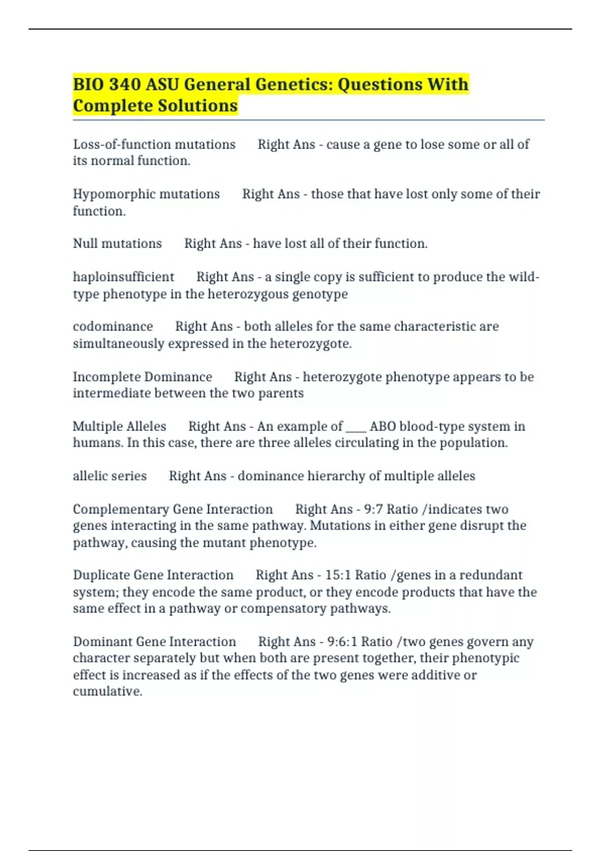 BIO 340 ASU General Genetics: Questions With Complete Solutions - ASU BIO 340 - Stuvia US