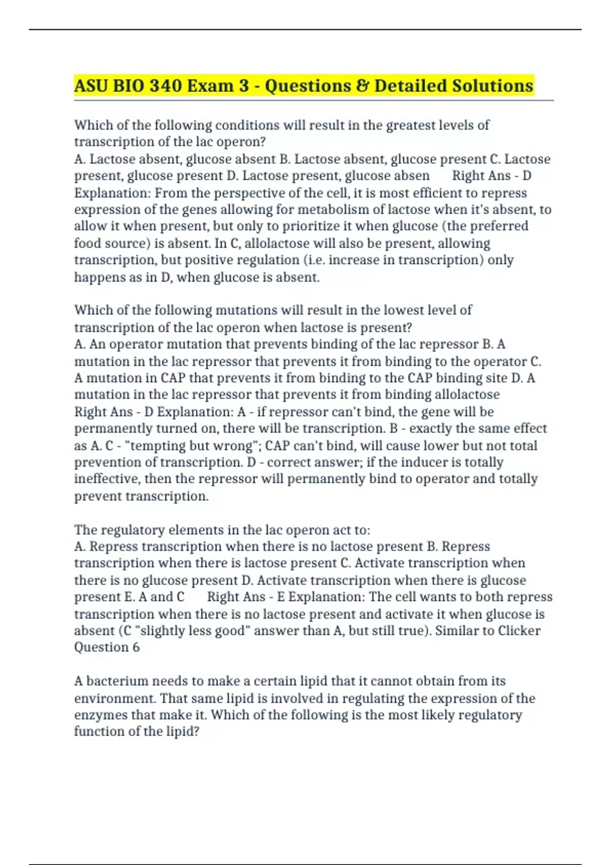 ASU BIO 340 Exam 3 - Questions & Detailed Solutions - ASU BIO 340 - Stuvia US