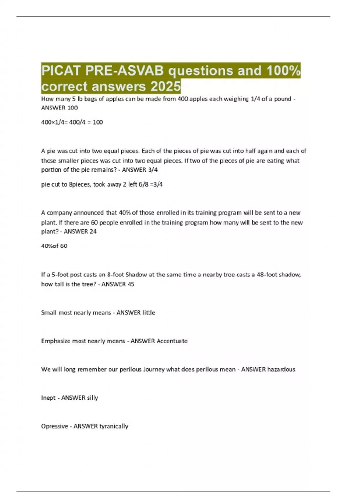 PICAT PRE-ASVAB questions and 100% correct answers 2025 - Picat - Stuvia US