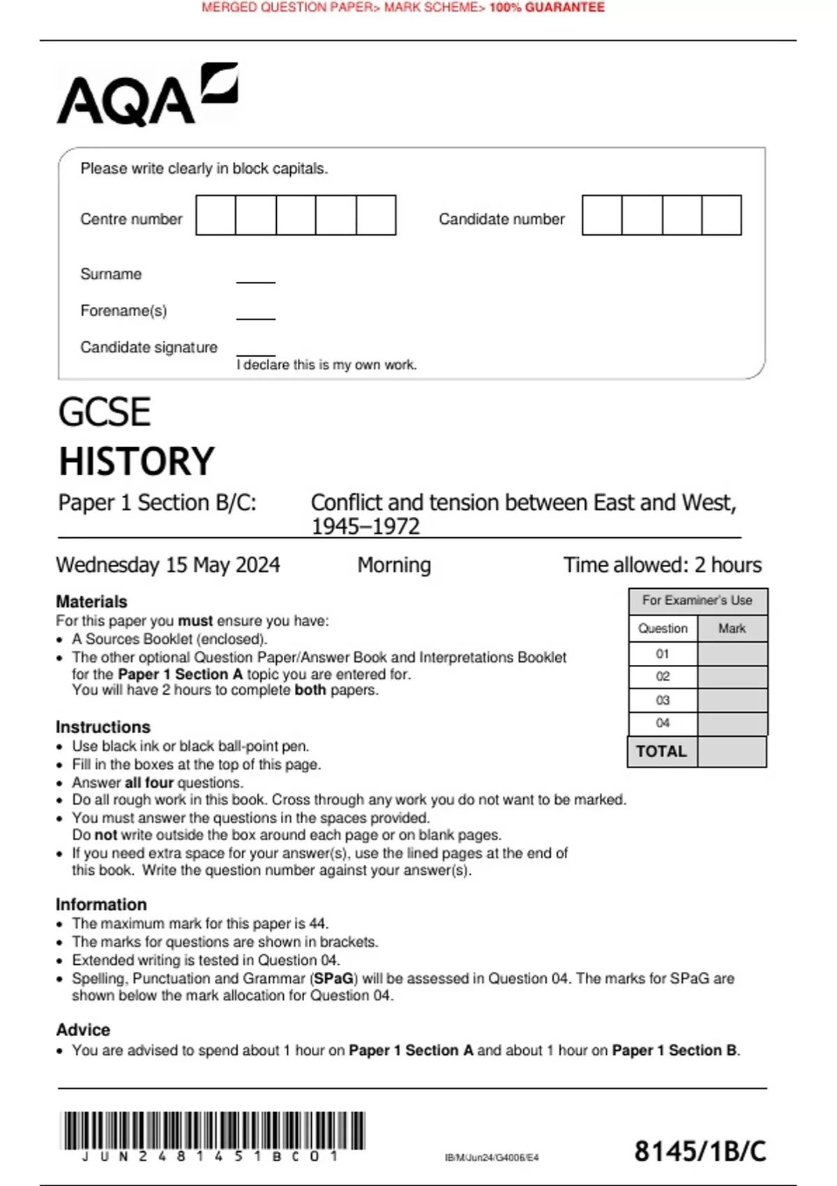 VERIFIED/AQA GCSE HISTORY Paper 1 Section B/C: Conflict and tension ...