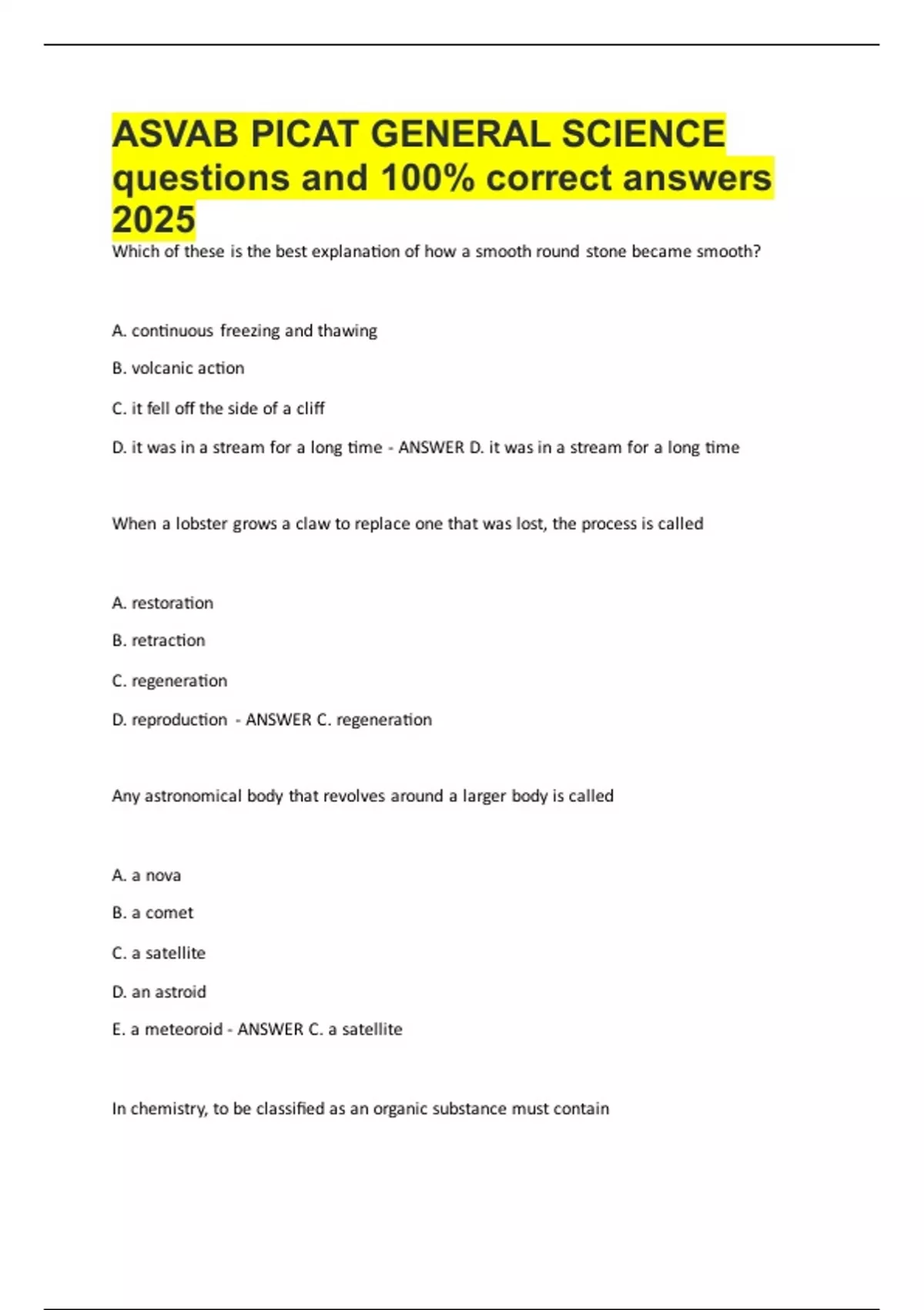 ASVAB PICAT GENERAL SCIENCE questions and 100% correct answers 2025 ...