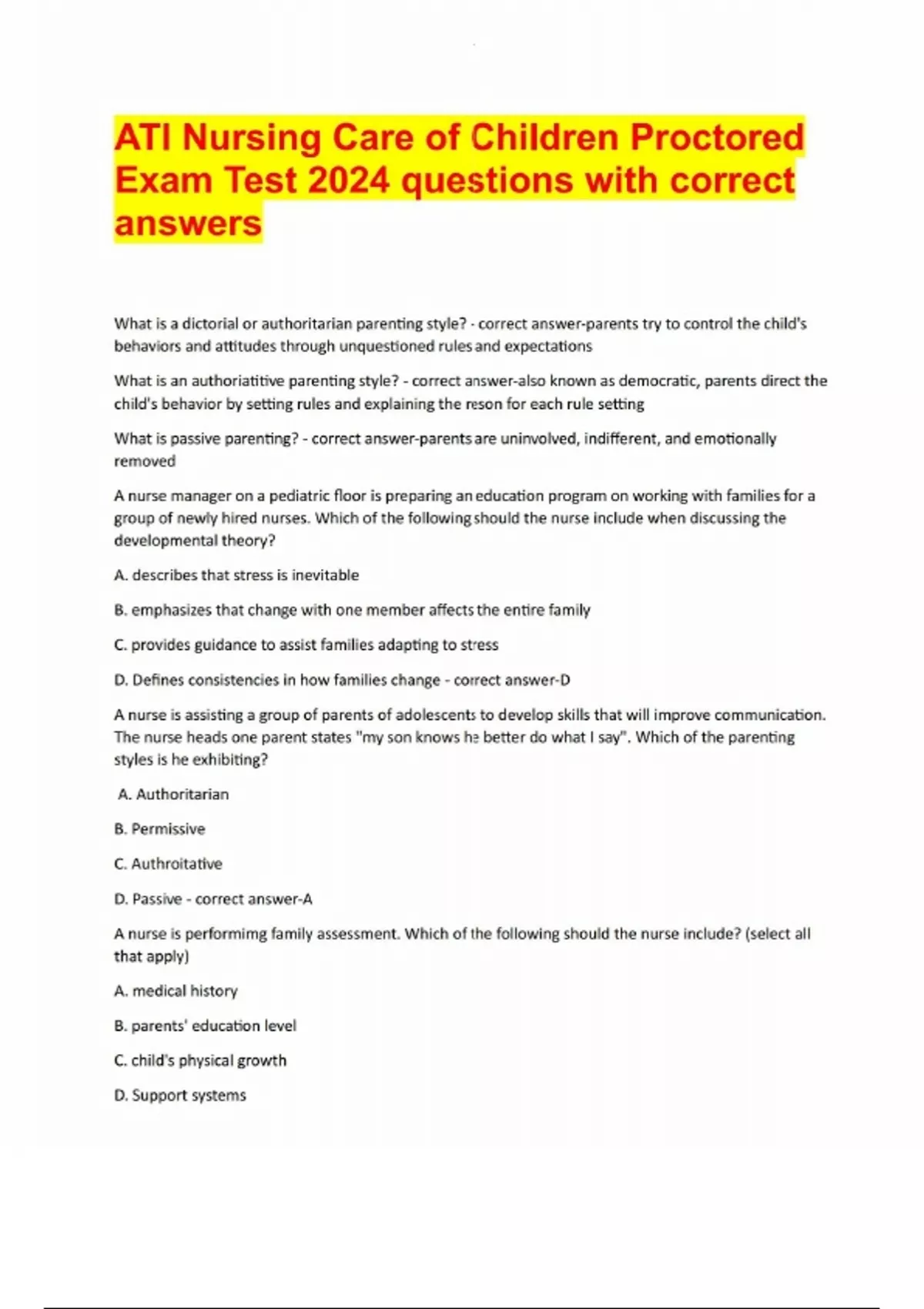 ATI Nursing Care of Children Proctored Exam Test 2024 questions with ...