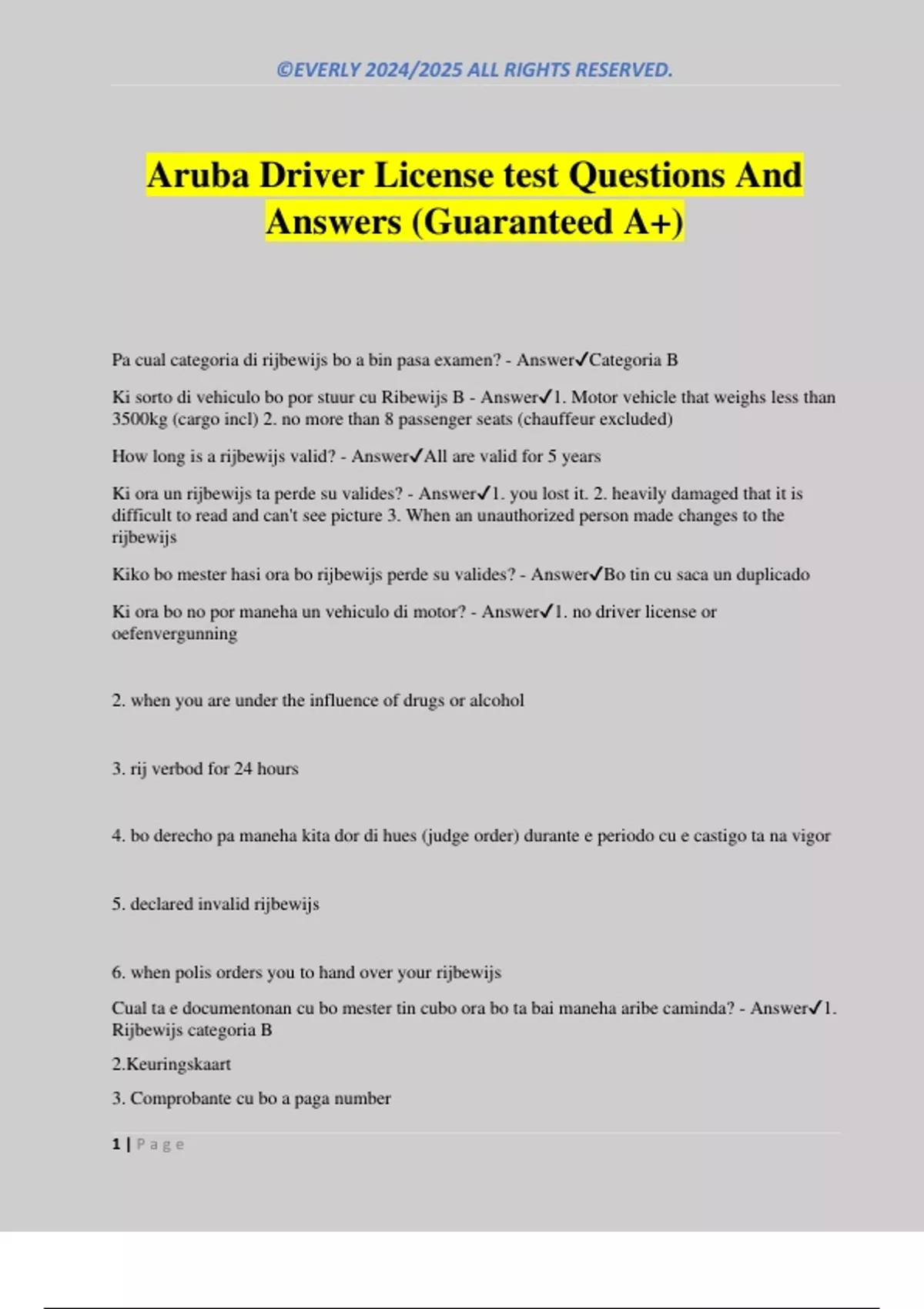 Aruba Driver License test Questions And Answers (Guaranteed A+) - Aruba ...