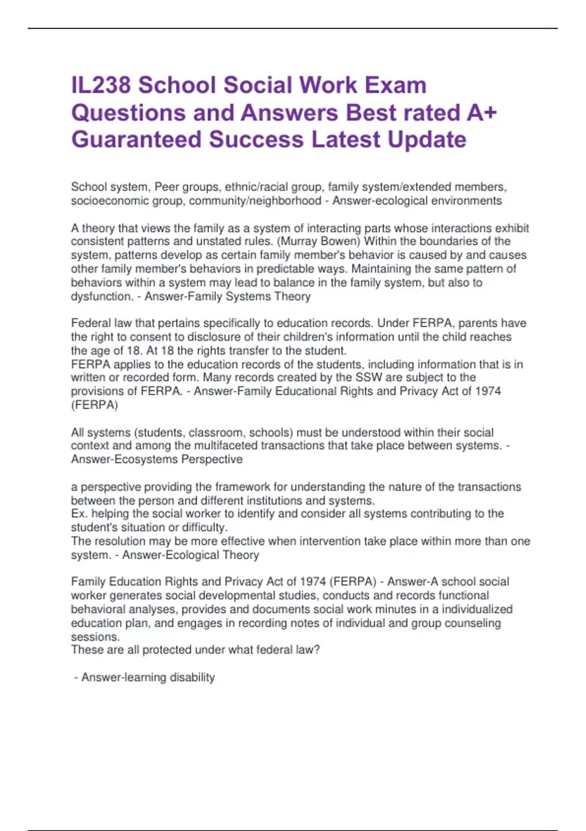 IL238 School Social Work Exam Questions and Answers Best rated A+ ...