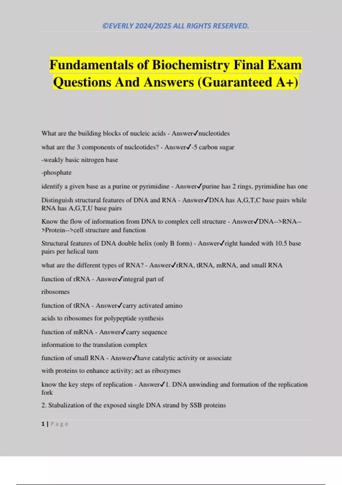 Fundamentals of Biochemistry Final Exam Questions And Answers ...