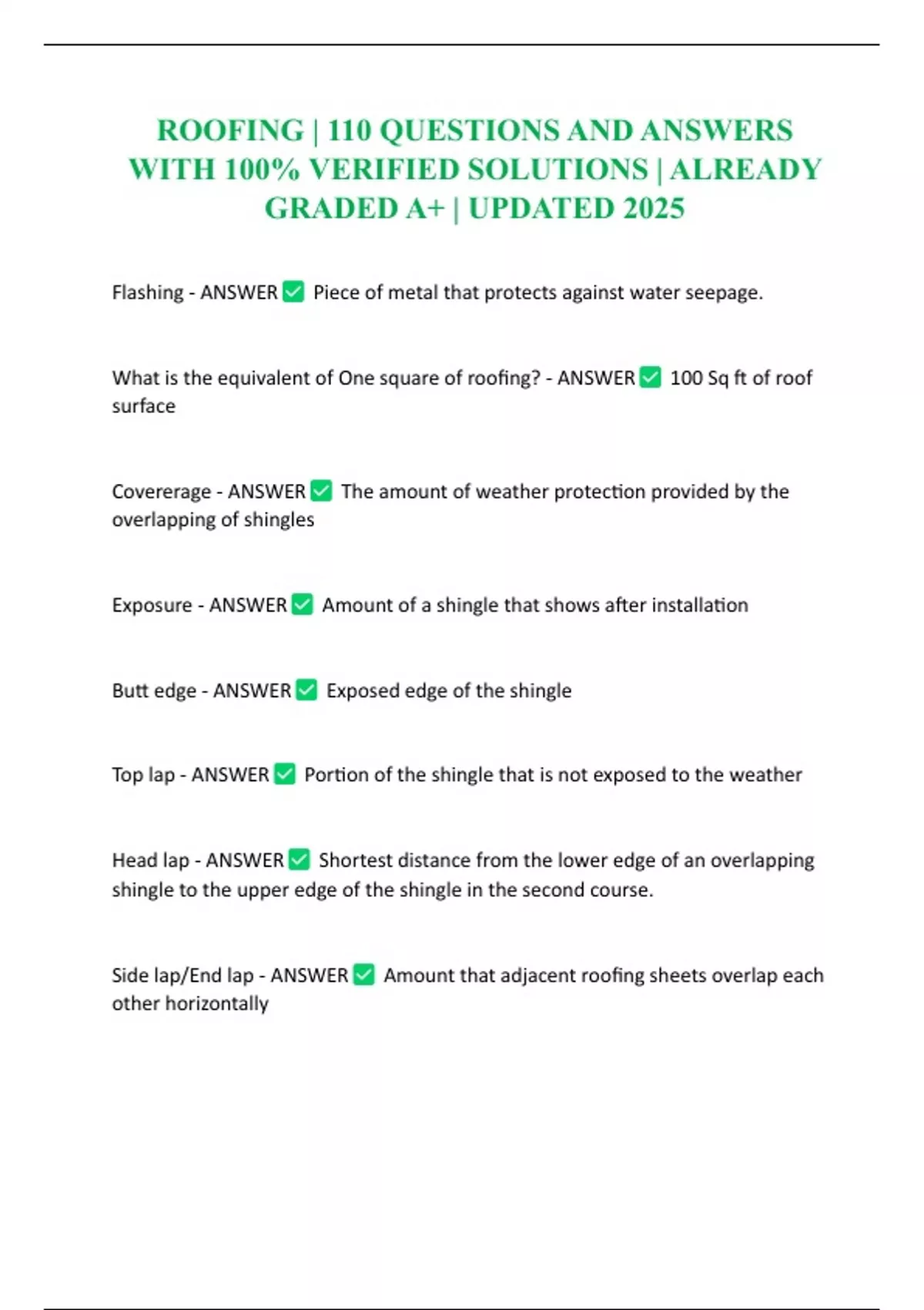 ROOFING | 110 QUESTIONS AND ANSWERS WITH 100% VERIFIED SOLUTIONS ...