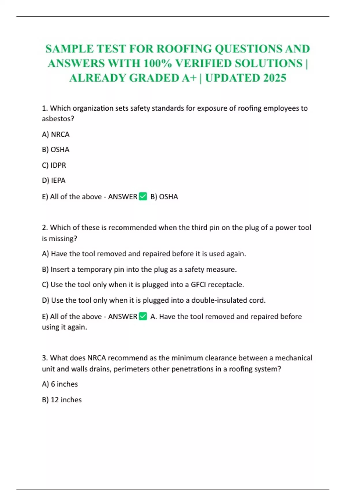 SAMPLE TEST FOR ROOFING QUESTIONS AND ANSWERS WITH 100% VERIFIED ...